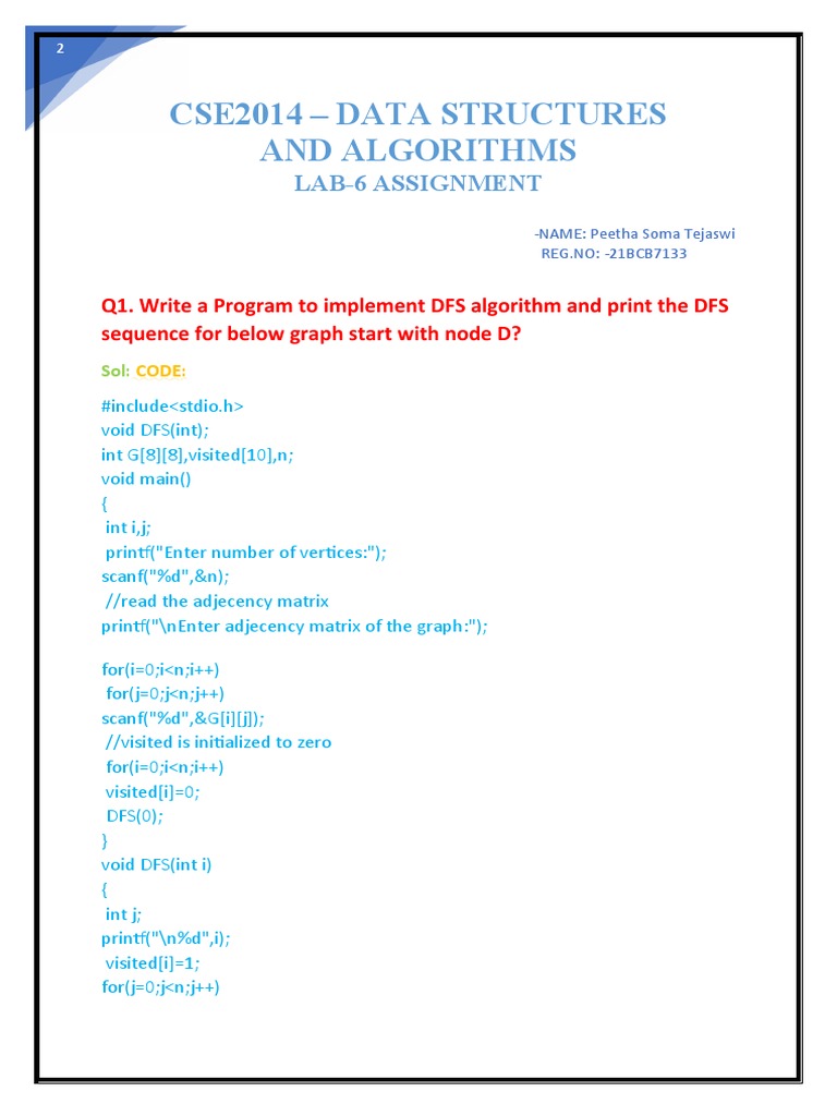 Cse2014 Data Structures And Algorithms Lab 6 Assignment Pdf Vertex Graph Theory