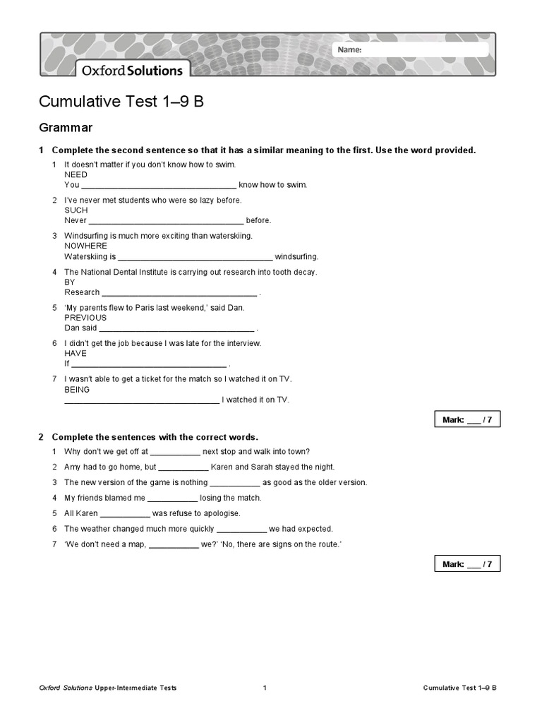 Cumulative Test 1-9 B | PDF | Linguistics