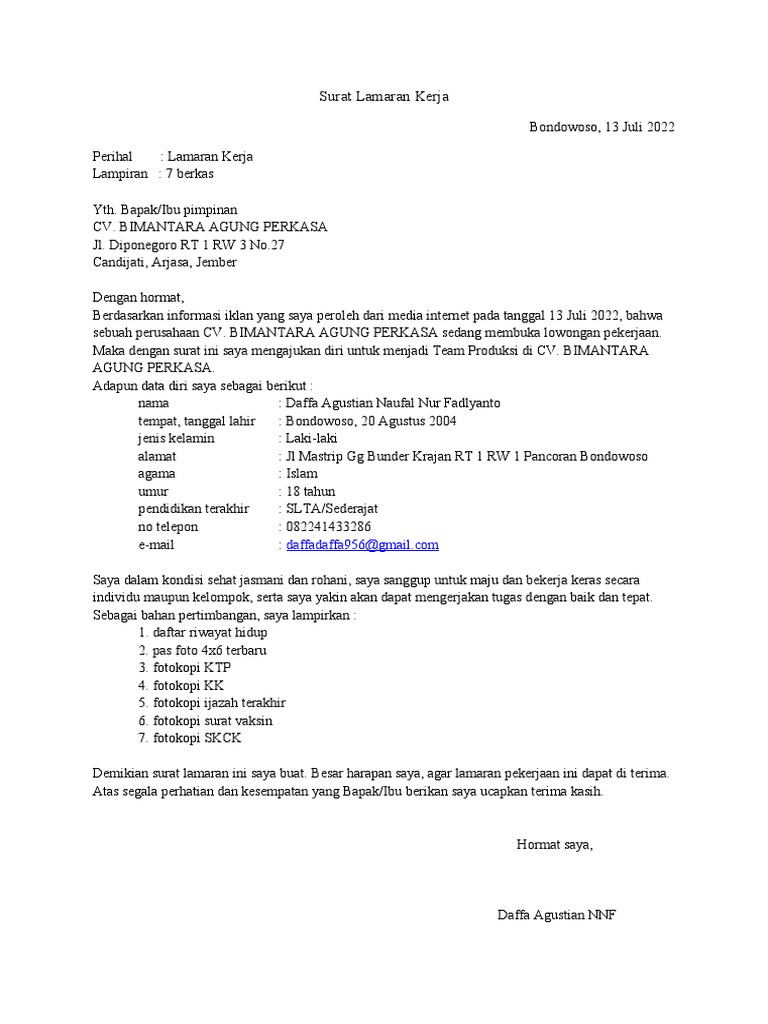 Surat Lamaran Kerja Daffa | PDF