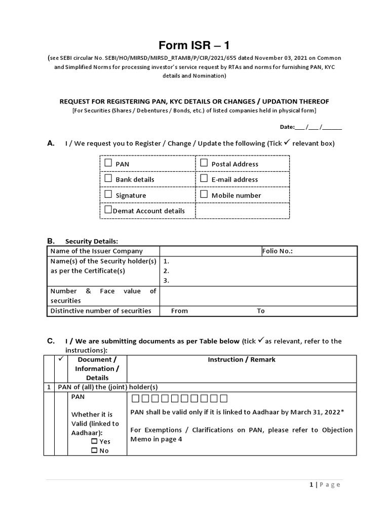 Form ISR - 1: Request For Registering Pan, Kyc Details or Changes ...