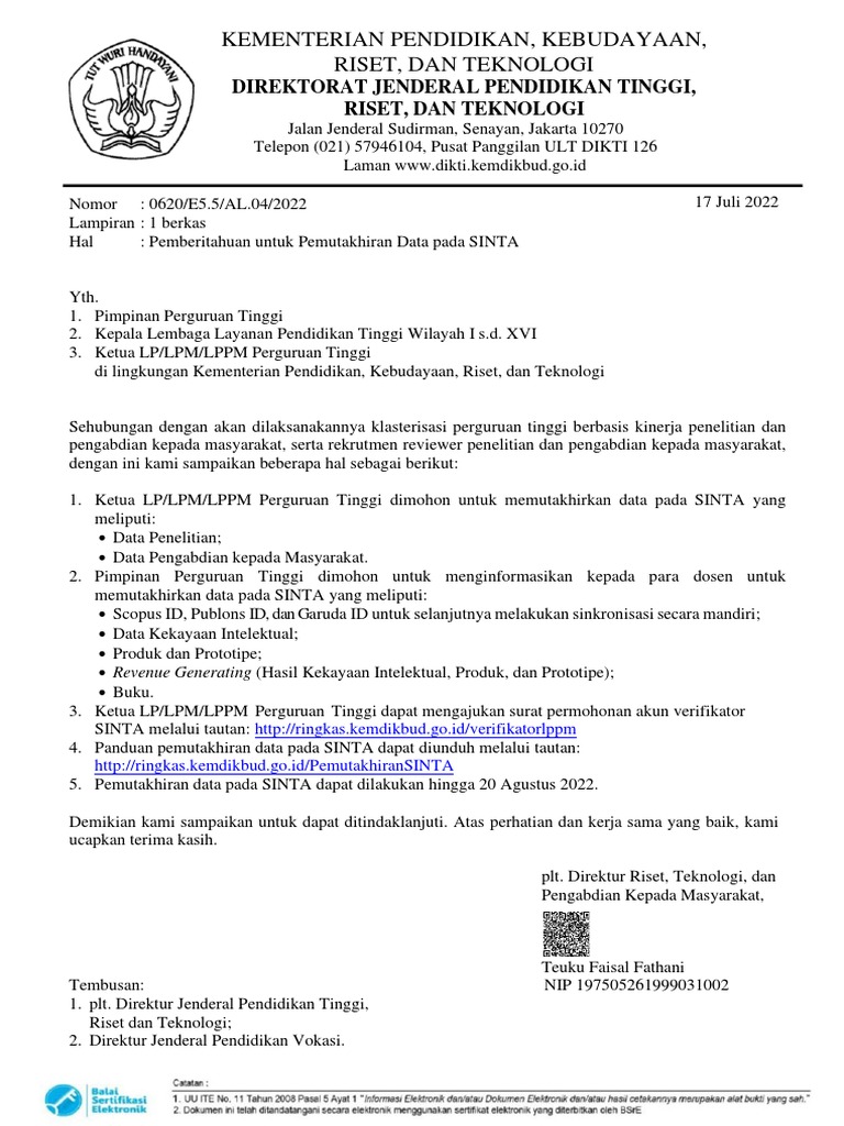 Surat Pemutakhiran Data Pada SINTA | PDF