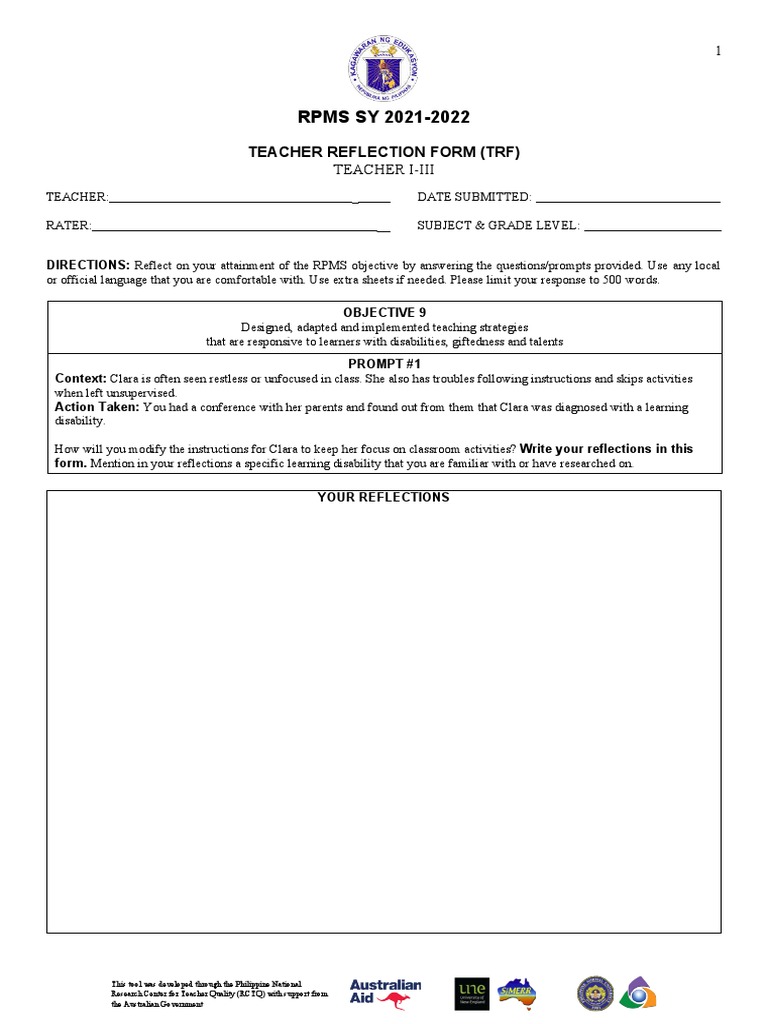 RPMS SY 2021-2022: Teacher Reflection Form (TRF) | PDF | Lesson Plan ...