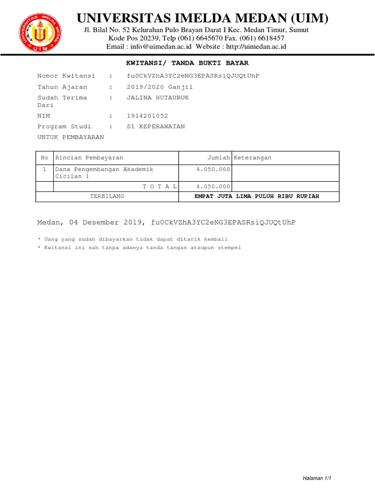 Universitas Imelda Medan (Uim) : Kwitansi/ Tanda Bukti Bayar | PDF