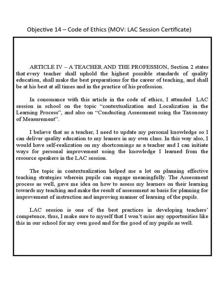 Objective 14 - Code of Ethics (MOV: LAC Session Certificate) | PDF ...