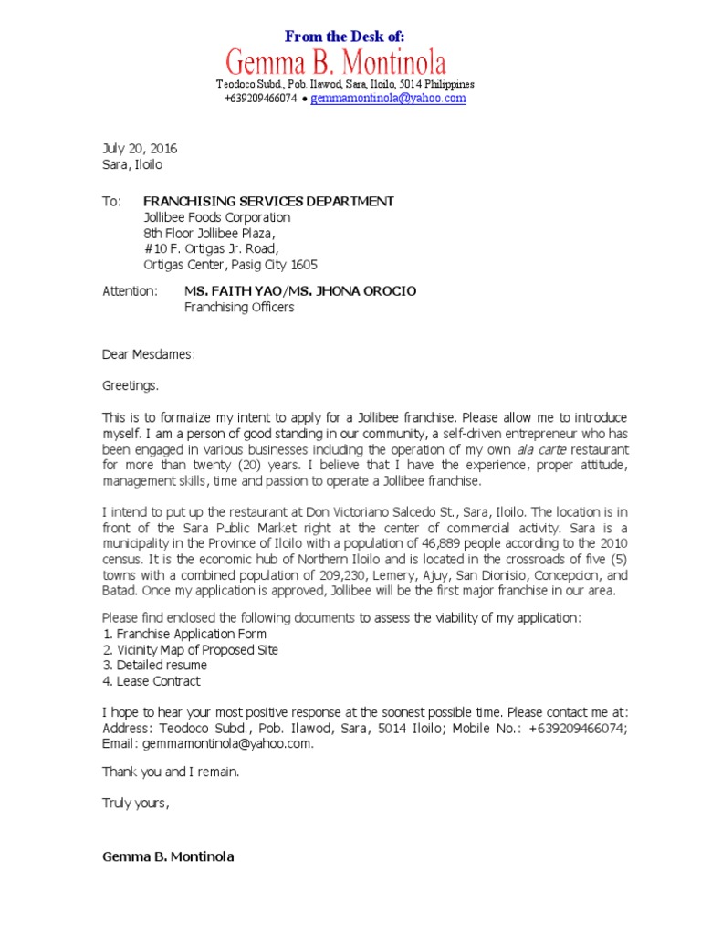 Letter of Intent (Jollibee) - MONTINOLA | PDF