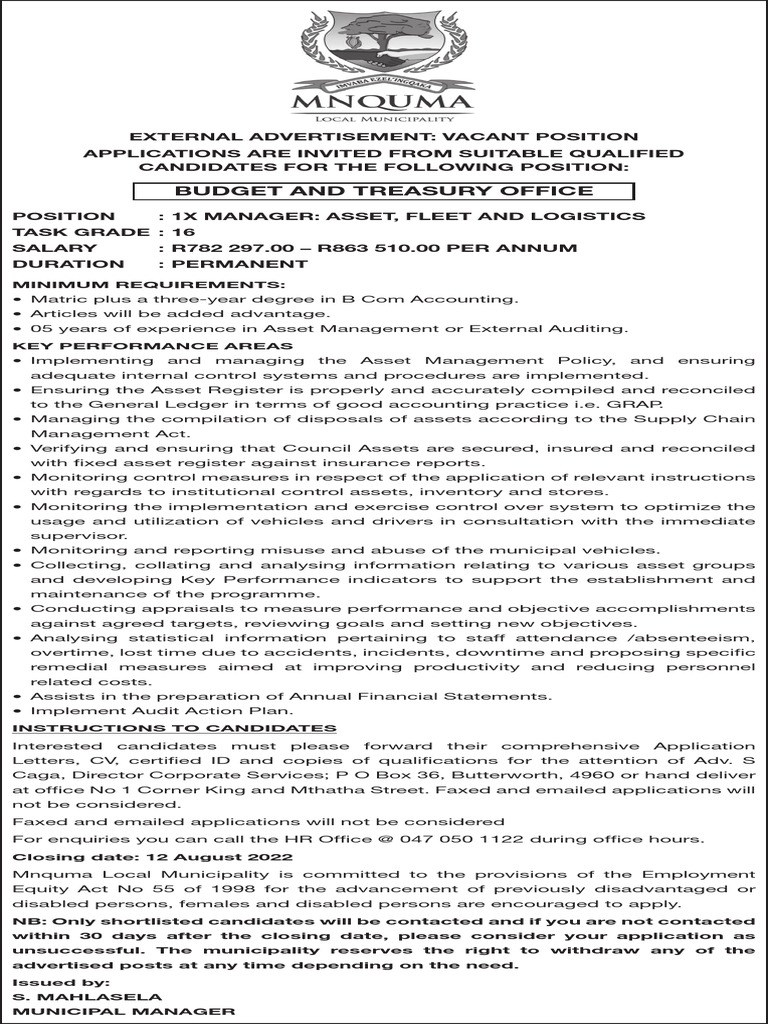 Mnquma Local Municipality - Vacancy: Manager: Asset, Fleet and ...