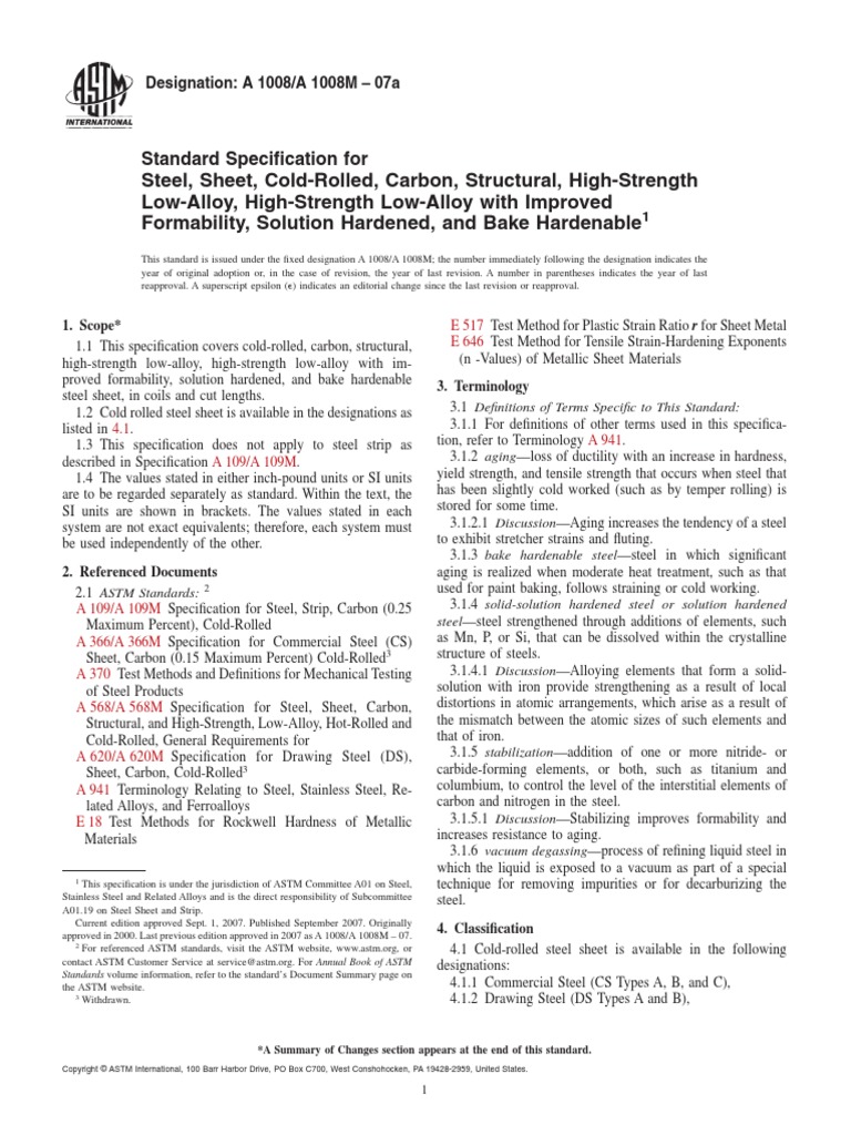ASTM A 1008 A 1008M 2007a Cancelada | PDF | Strength Of Materials ...