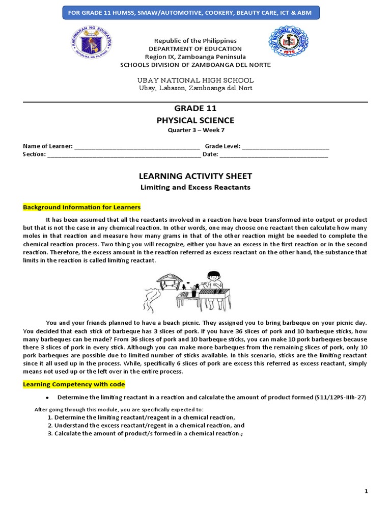 Physical Science Las Limiting And Excess Reactants Pdf Chemical