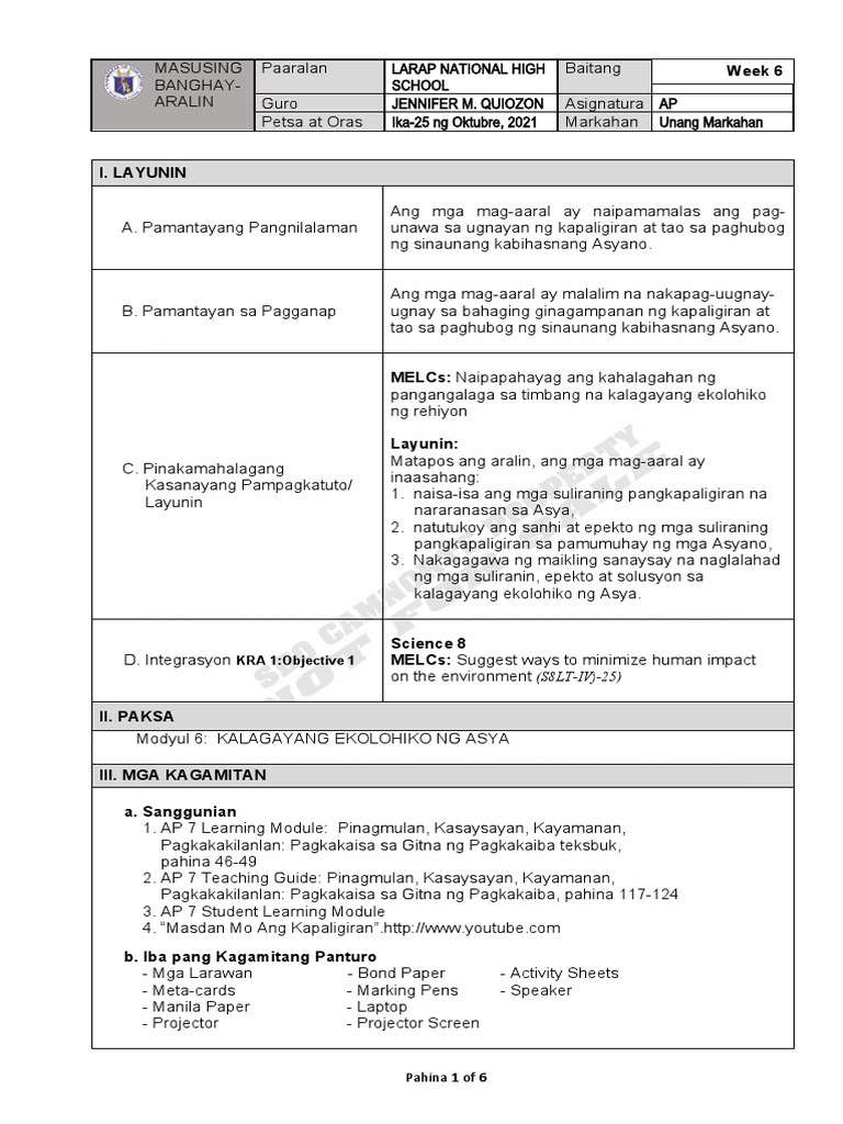 DLP IN AP 7 4th Quarter Week 1 | PDF