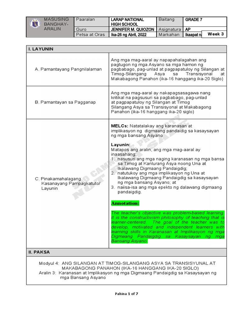 DLP IN AP 7 4th Quarter Week 3 WITH PHILOSOPHY USED | PDF