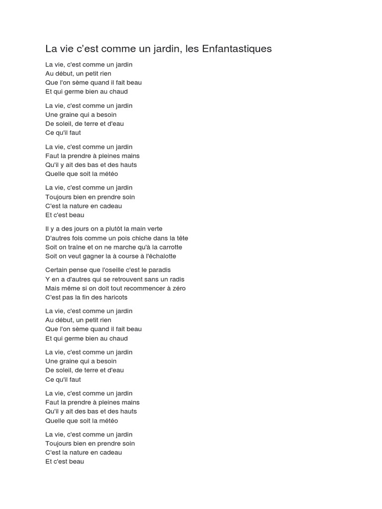 La Vie C'est Comme Un Jardin - Paroles | PDF