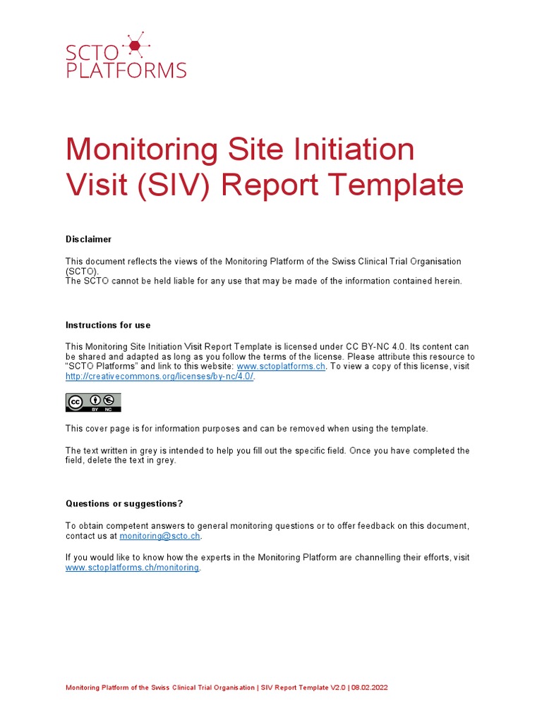 Monitoring Site Initiation Visit (SIV) Report Template: Disclaimer ...