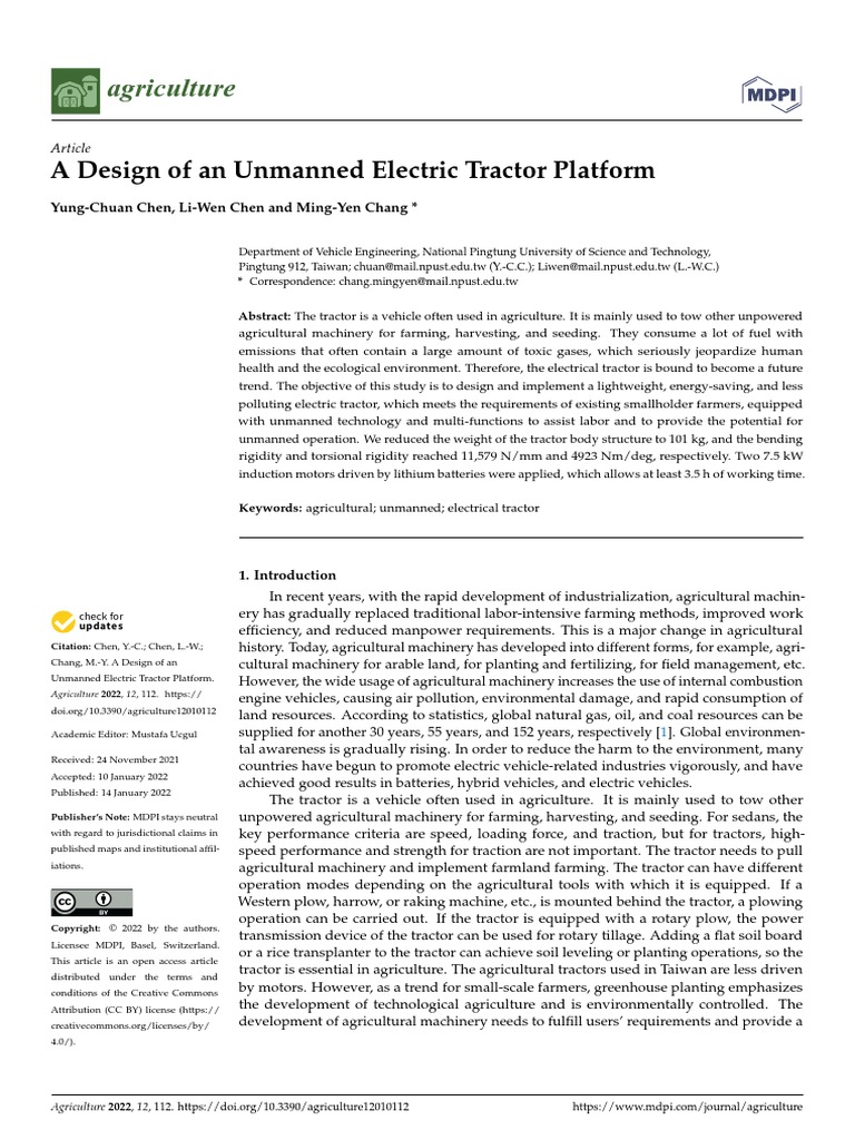 Agriculture: A Design of An Unmanned Electric Tractor Platform | PDF ...
