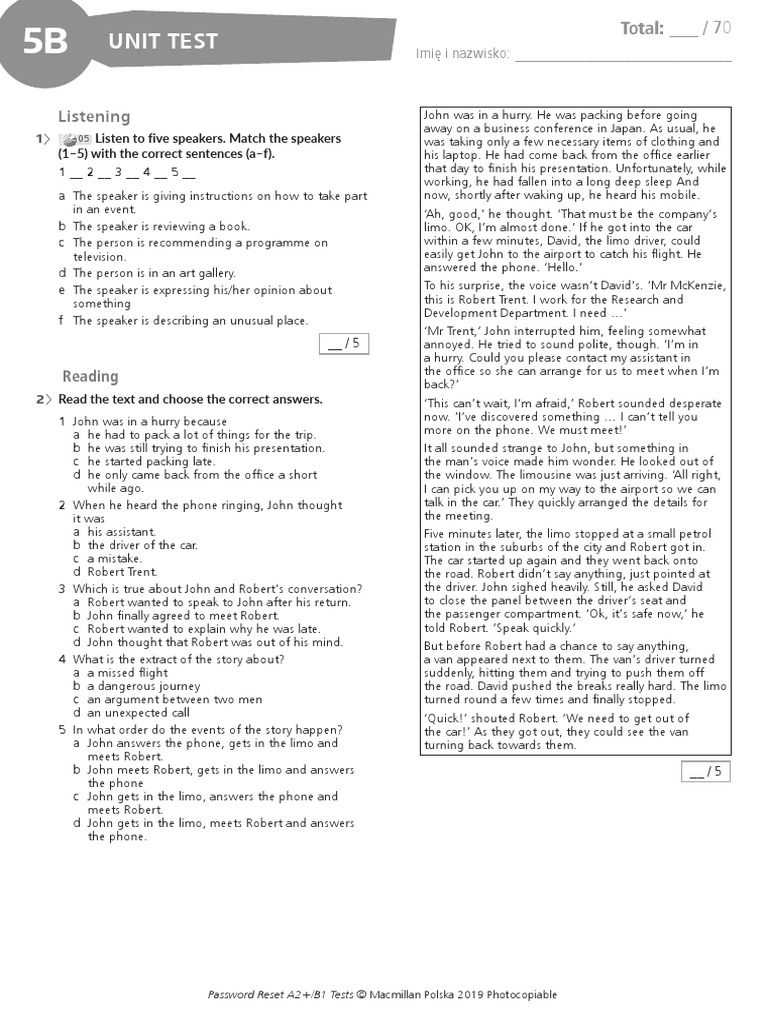 Password Reset A2+ B1 UT 5B | PDF