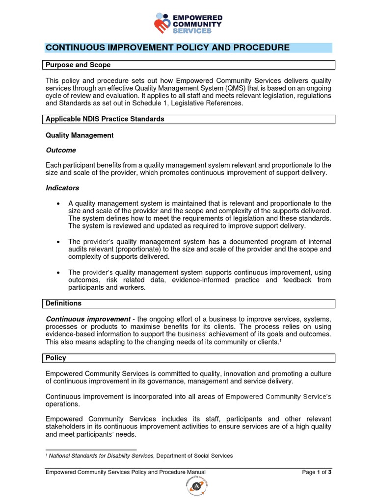 Continuous Improvement Policy and Procedure | PDF | Quality Management ...