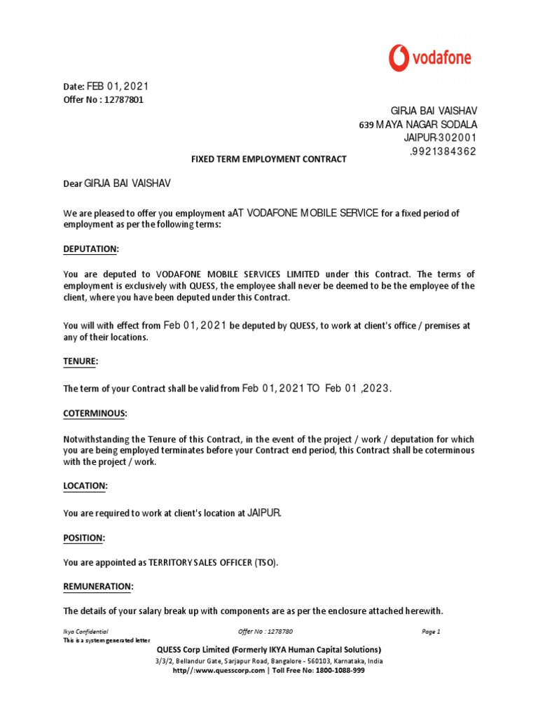 Fixed Term Employment Contract: QUESS Corp Limited (Formerly IKYA Human ...