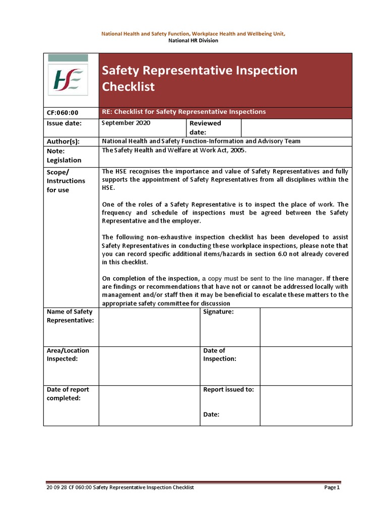 Safety Representative Inspection Checklist | PDF | Personal Protective ...
