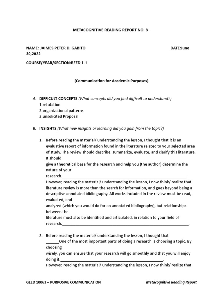 Metacognitive Reading Report No. 8 - : A. DIFFICULT CONCEPTS (What ...