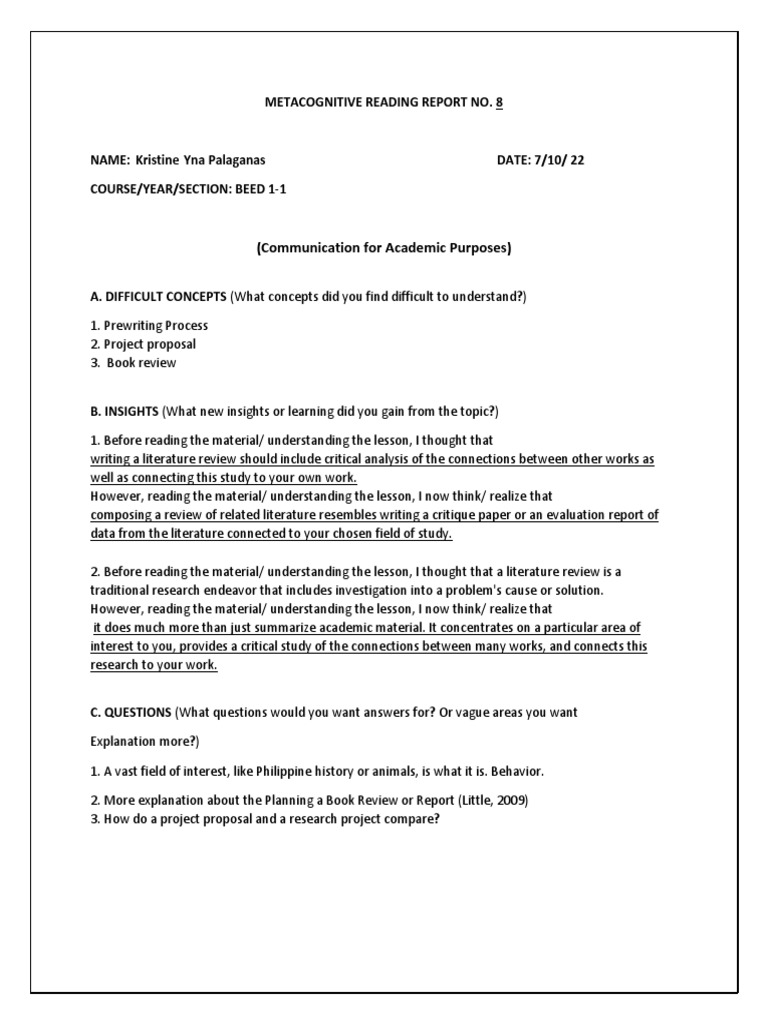 Metacognitive Reading Report No. 8.2 | PDF