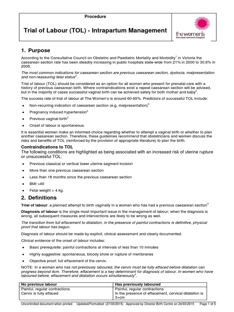 Trial of Labour Tol Intrapartum Management | PDF | Childbirth ...