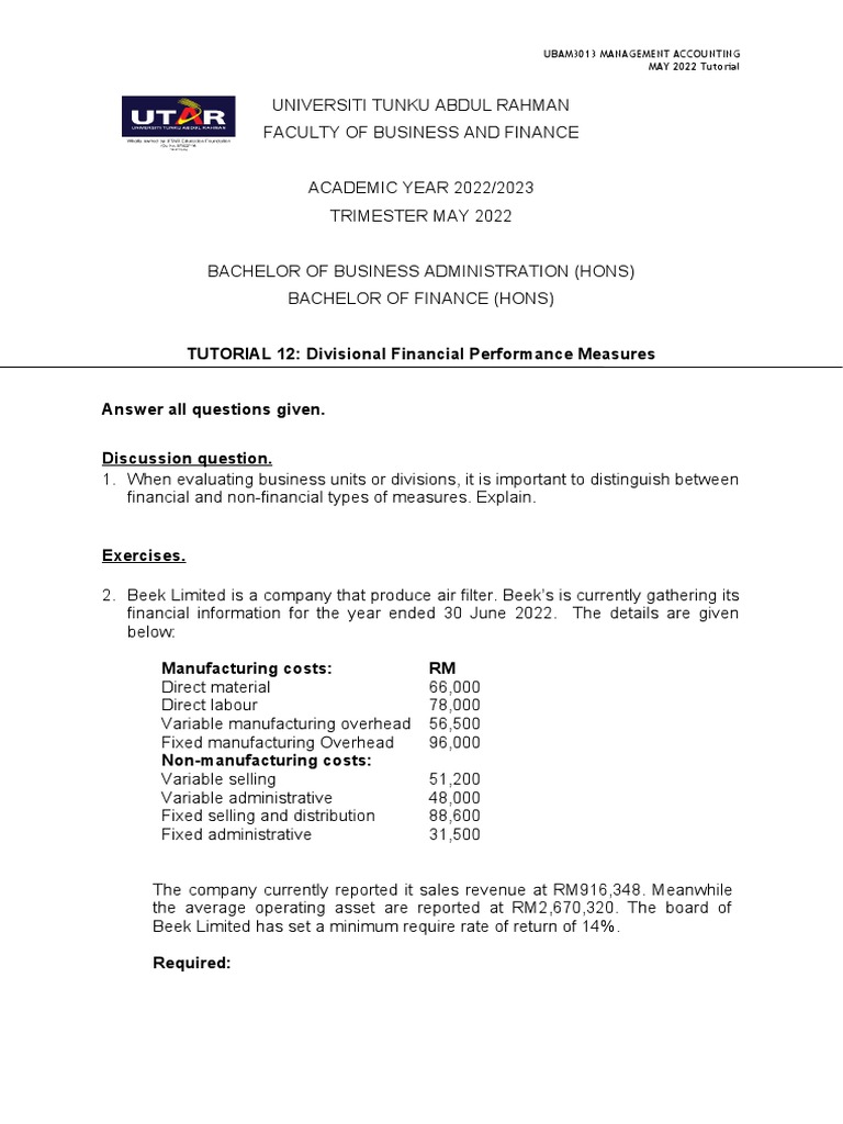 TUTORIAL 12: Divisional Financial Performance Measures Answer All ...
