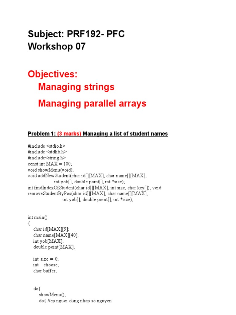 Subject: PRF192-PFC Workshop 07: Objectives: Managing Strings Managing ...