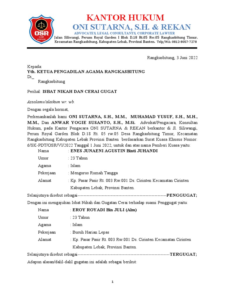 Isbat Nikah Sekaligus Gugatan Cerai | PDF