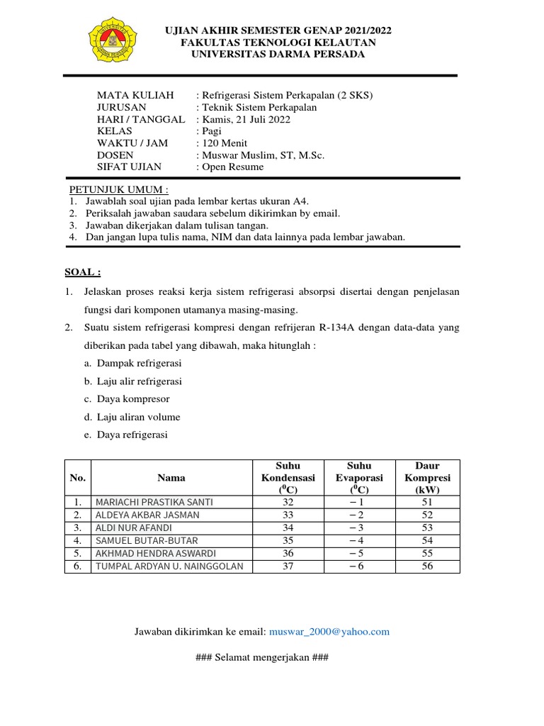 Soal Ujian Akhir Semester MK Sistem Refrigerasi Perkapalan SMT Genap ...