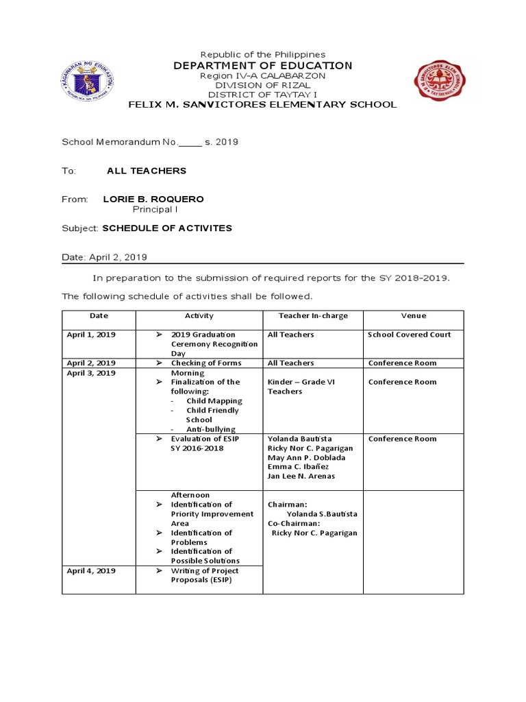 Memo For Schedule of Activities | PDF