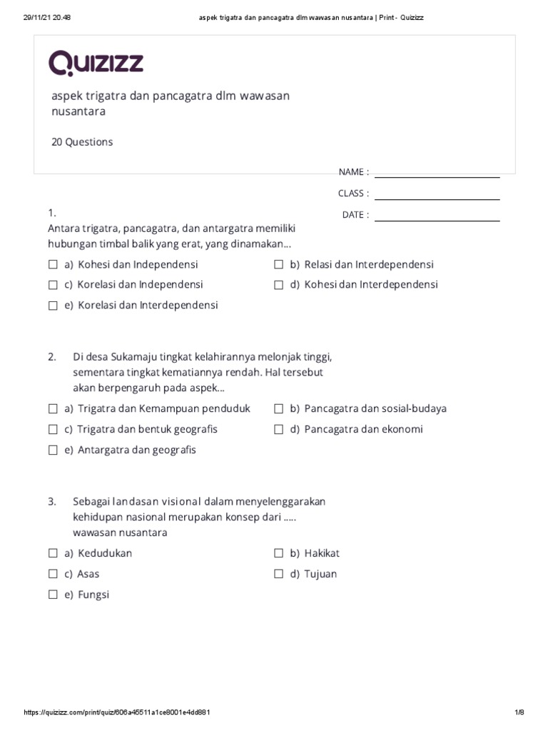Aspek Trigatra Dan Pancagatra DLM Wawasan Nusantara - Print - Quizizz | PDF