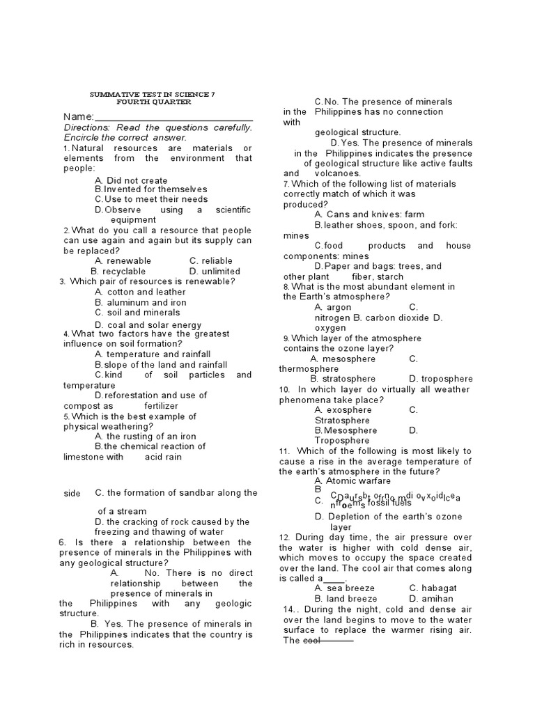 Name:: Directions: Read The Questions Carefully. Encircle The Correct ...