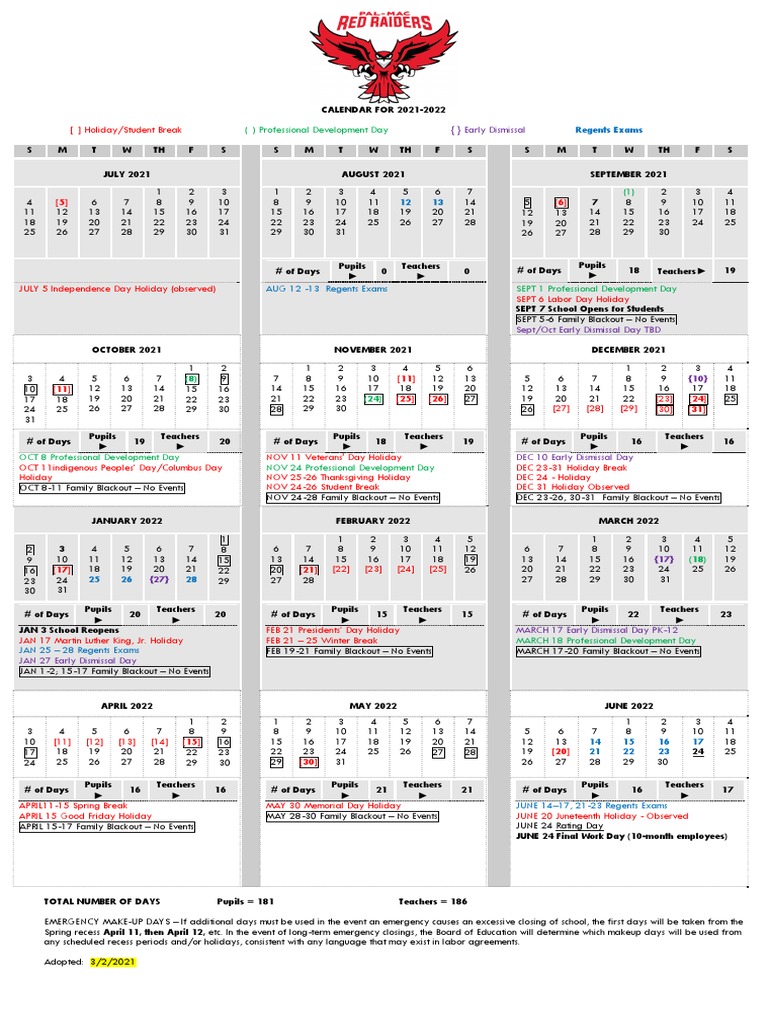 Palmyra-Macedon CSD 2021-2022 School Calendar Printable | PDF ...