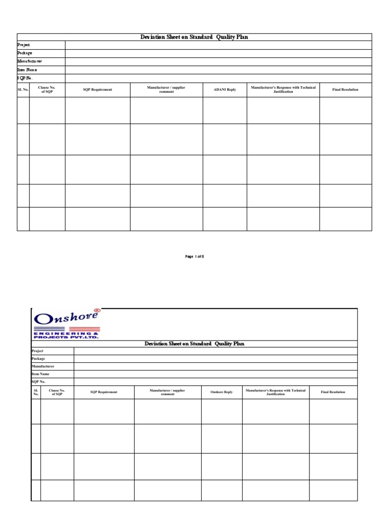 Deviation Sheet On Standard Quality Plan: Project Package Manufacturer ...