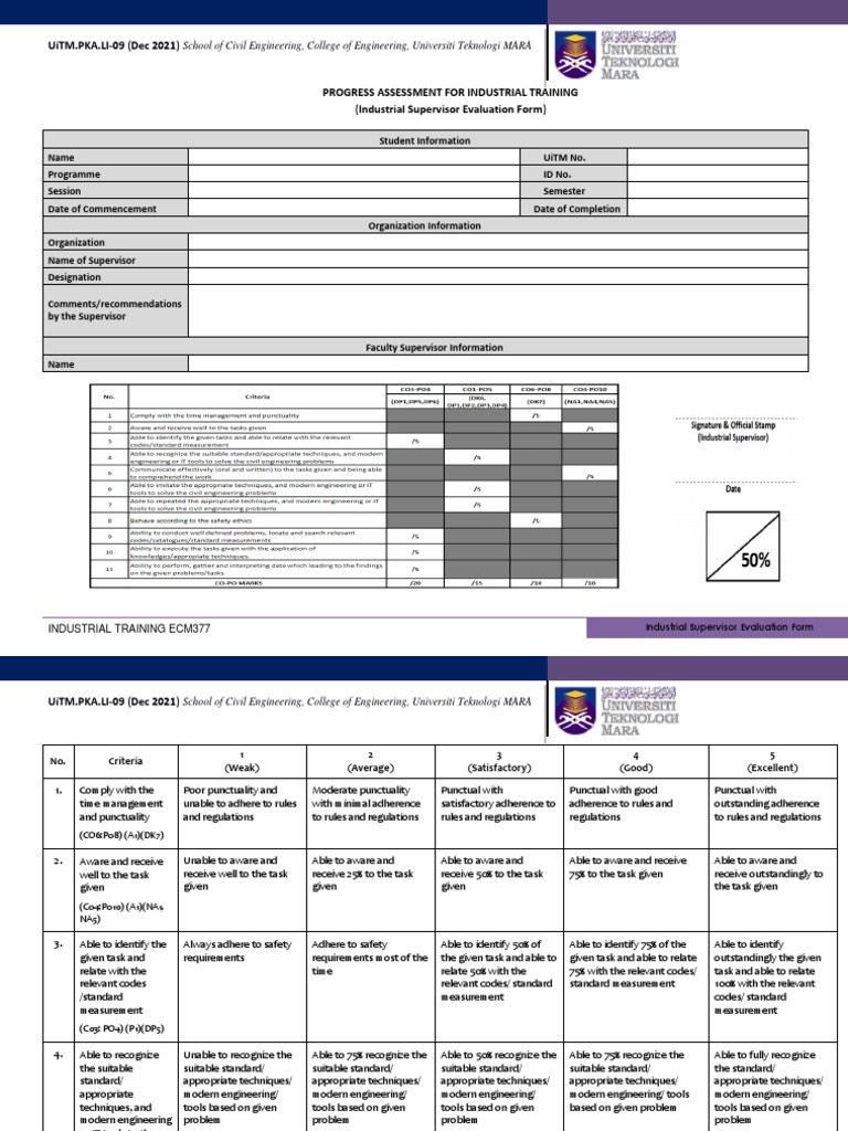 Industrial Supervisor Evaluation Form for a Civil Engineering Student's ...