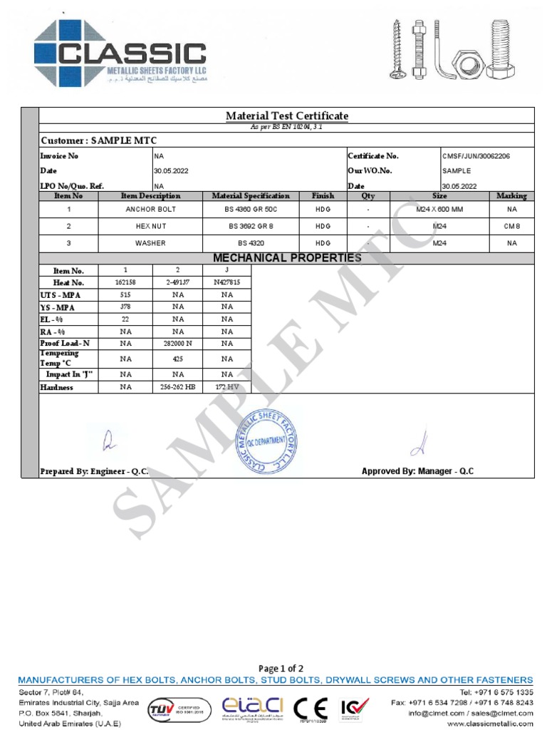 Sample MTC: Material Test Certificate | PDF | Screw | Manufactured Goods