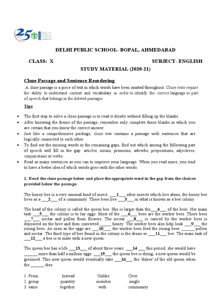 Cloze Passage and Sentence Reordering | PDF | Bees | Language Mechanics