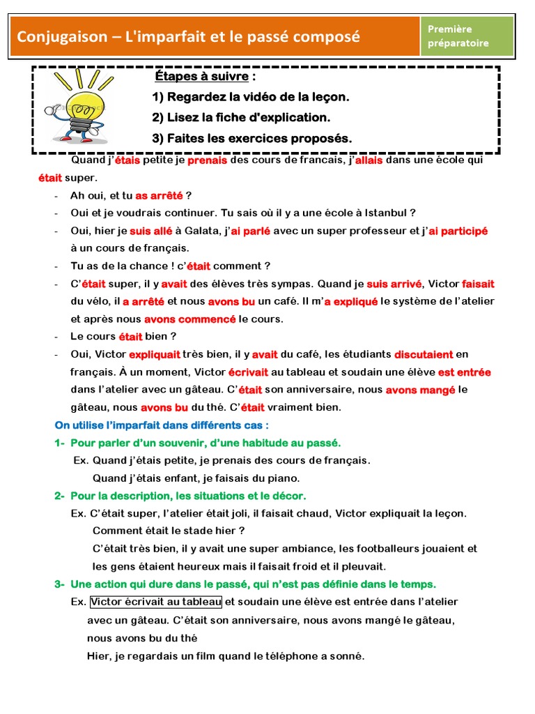 Limparfait Le Passe Compose Lecon Exercices 1ere Preparatoire | PDF | Verbe