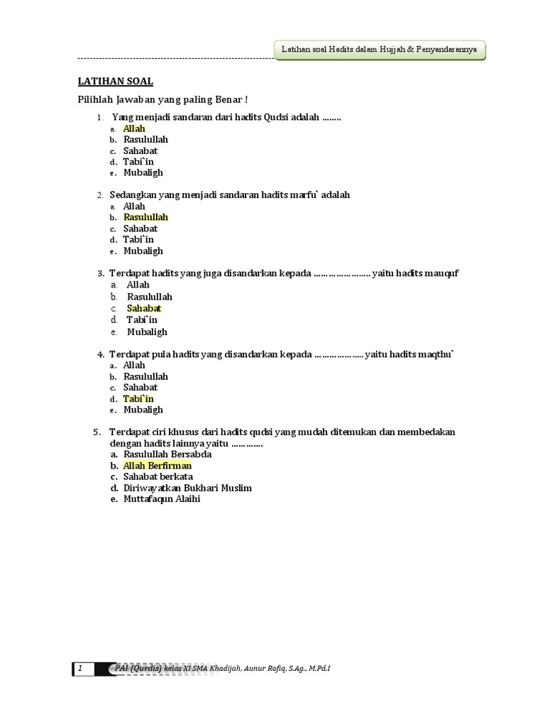 A. Latihan Soal Bab 01 Bab 02 Qurdis | PDF