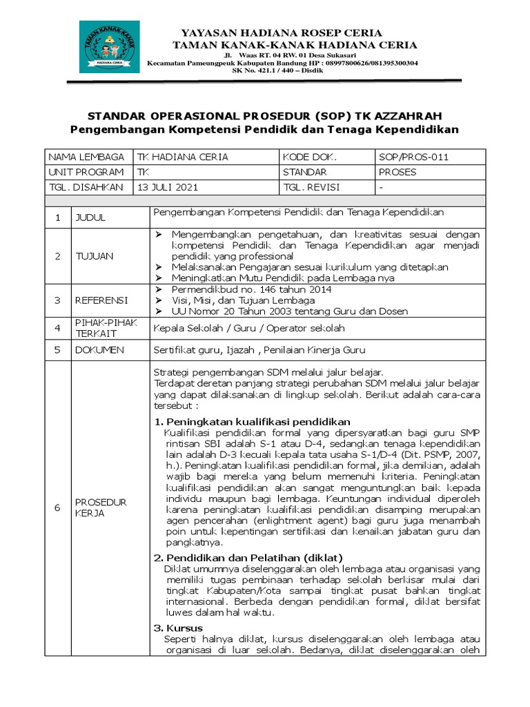 Sop Pengembangan Kompetensi Pendidik | PDF