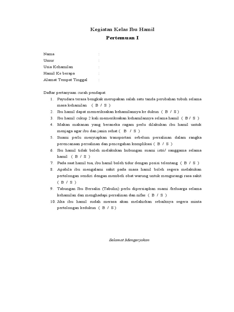 Kuisioner Pre-Post Test Kelas Ibu 2018 | PDF | Kesehatan Holistik
