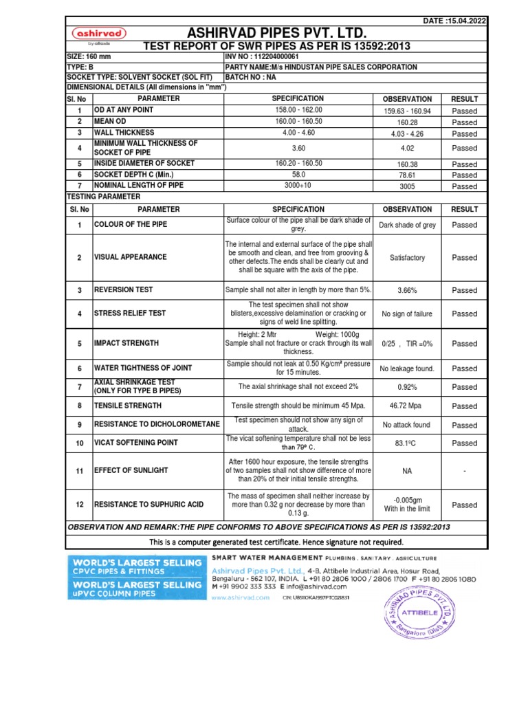 SWR Is 13592 Test Report | PDF | Pipe (Fluid Conveyance) | Fracture