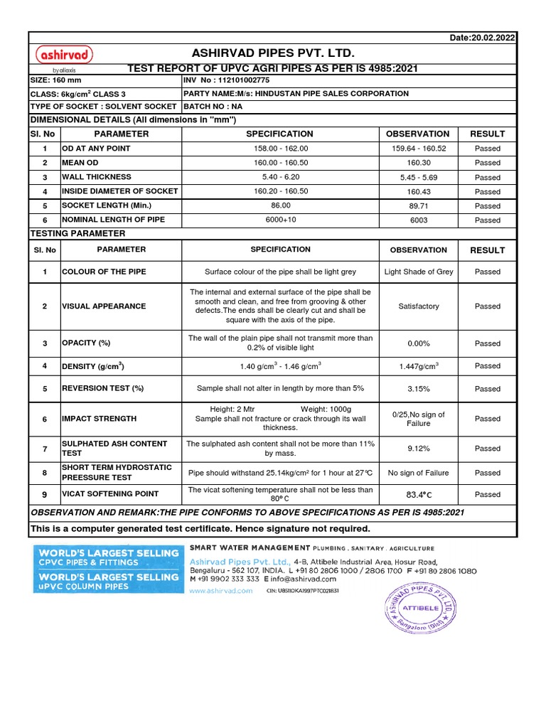 Ashirvad Pipes Pvt. LTD.: Test Report of Upvc Agri Pipes As Per Is 4985 ...