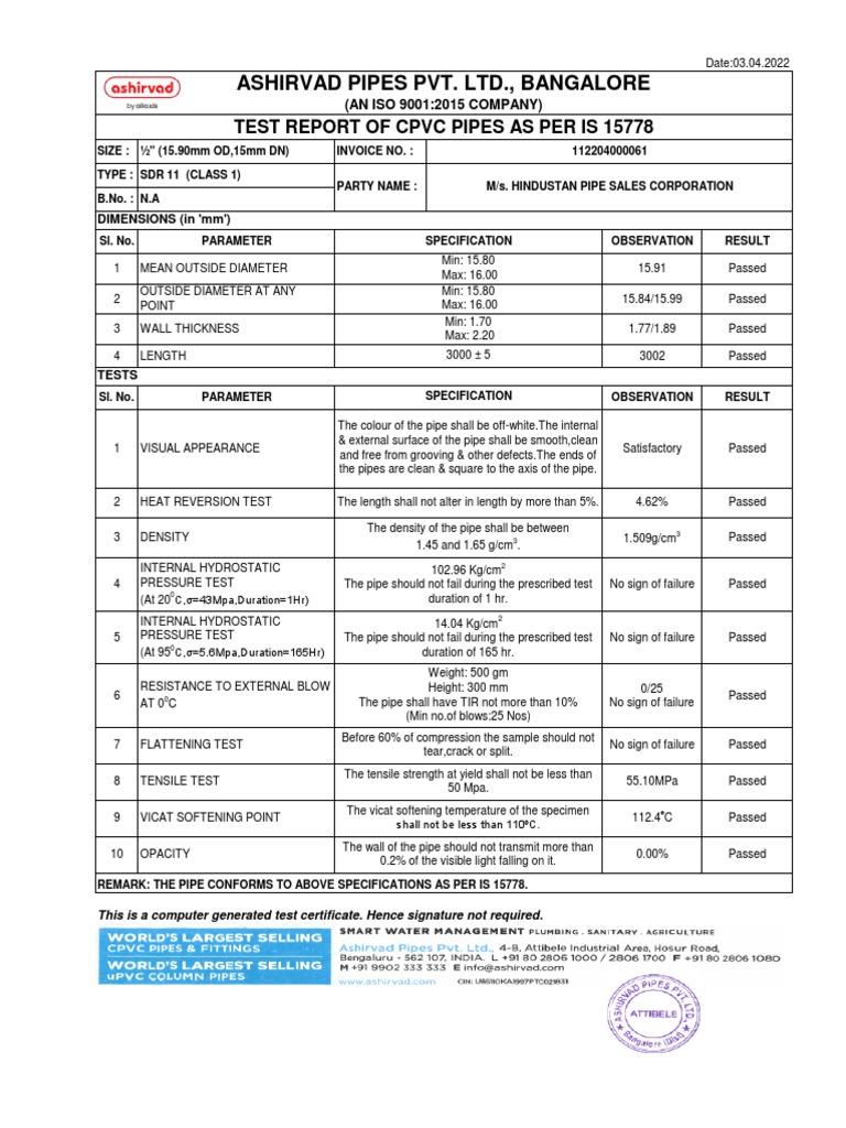 Ashirvad Pipes Pvt. LTD., Bangalore: Test Report of CPVC Pipes As Per ...