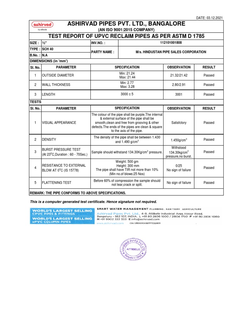 Ashirvad Pipes Pvt. LTD., Bangalore: Test Report of Upvc Reclaim Pipes ...