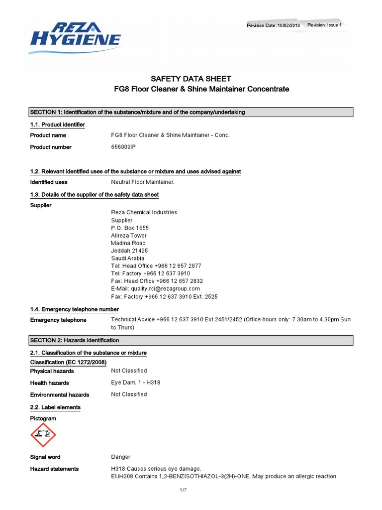 FG8 Floor Cleaner & Shine Maintianer | PDF | Toxicity | Safety