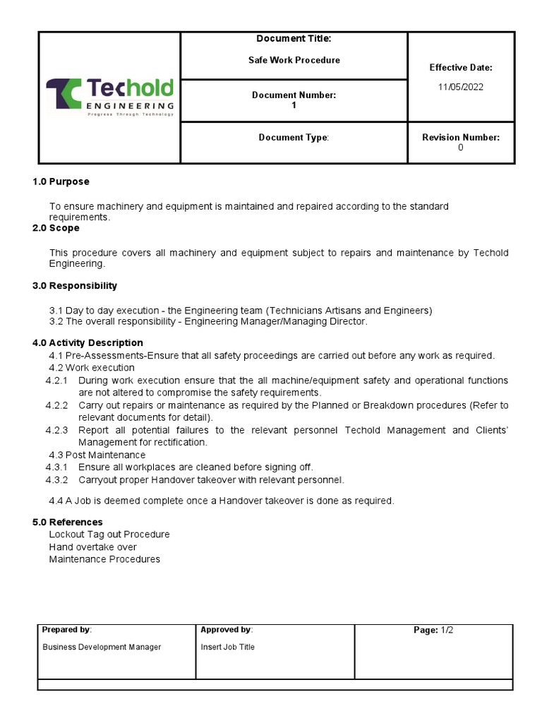 Safe Work Procedure | PDF | Business | Safety