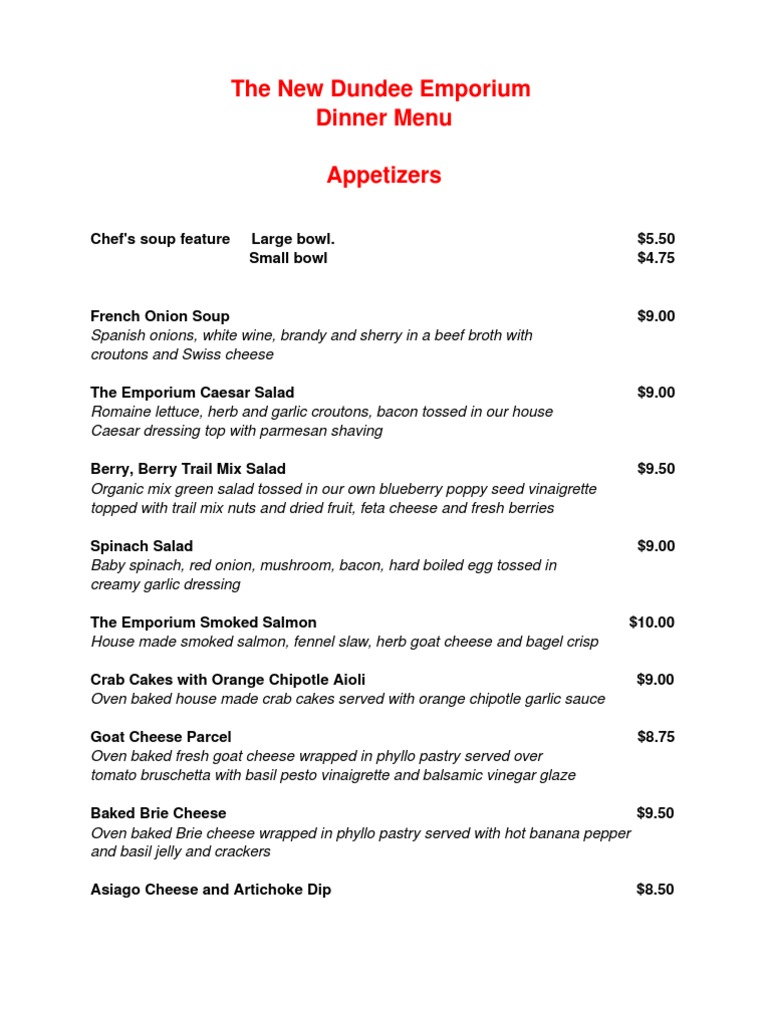 Dundee Emporium Dinner Menu Highlights | PDF | Salad | Hamburgers
