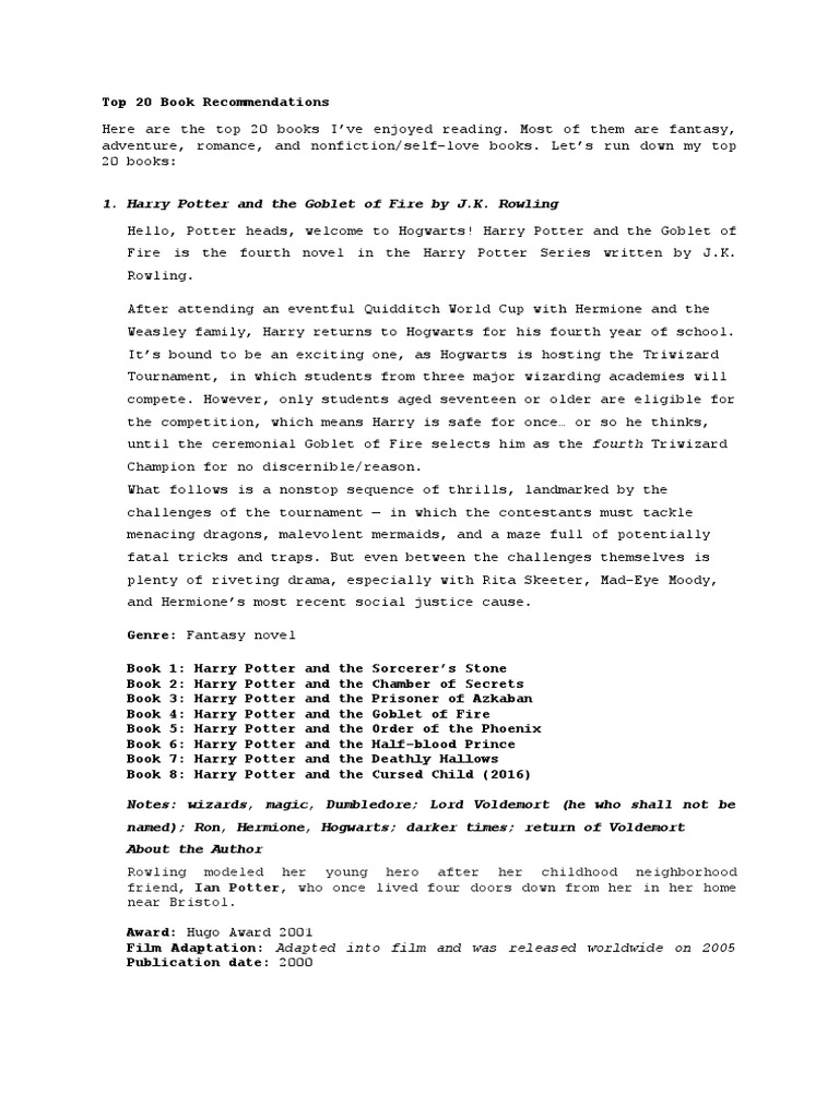 Top 20 Book Recommendations | Download Free PDF | Harry Potter