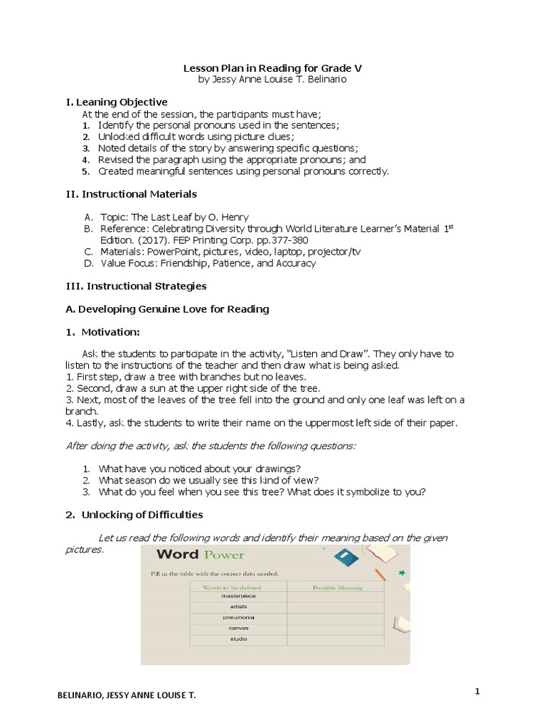 Lesson Plan in Reading (Four-Pronged Approach) | PDF | Pronoun | Object ...