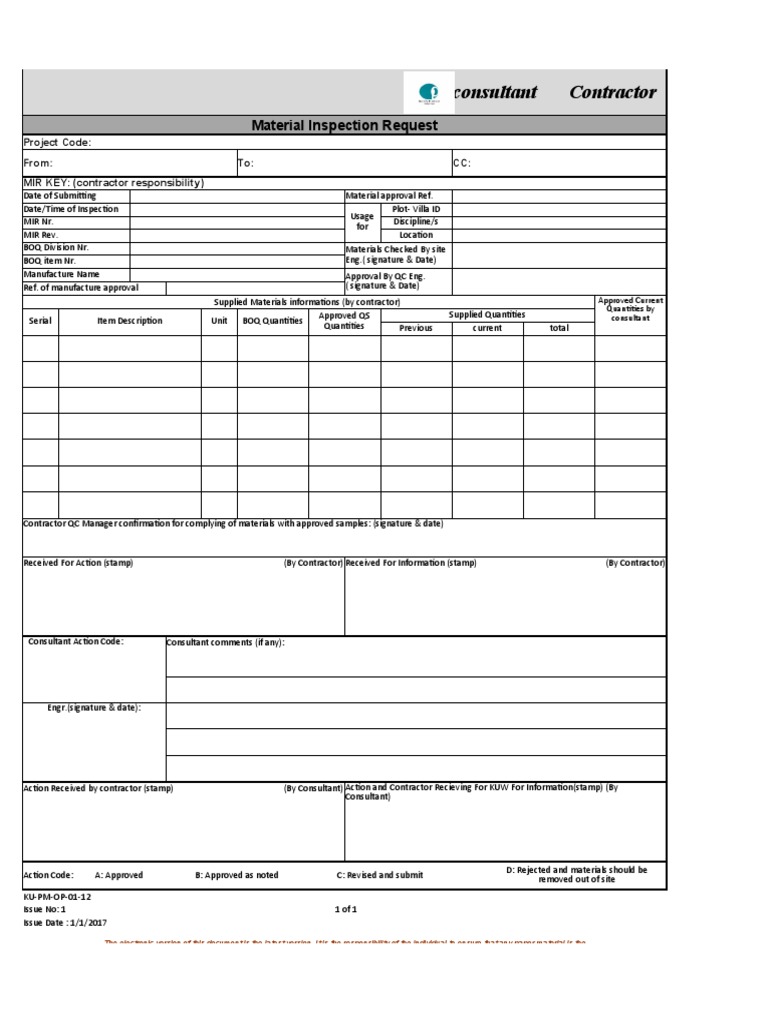 Consultant Contractor: Material Inspection Request | PDF